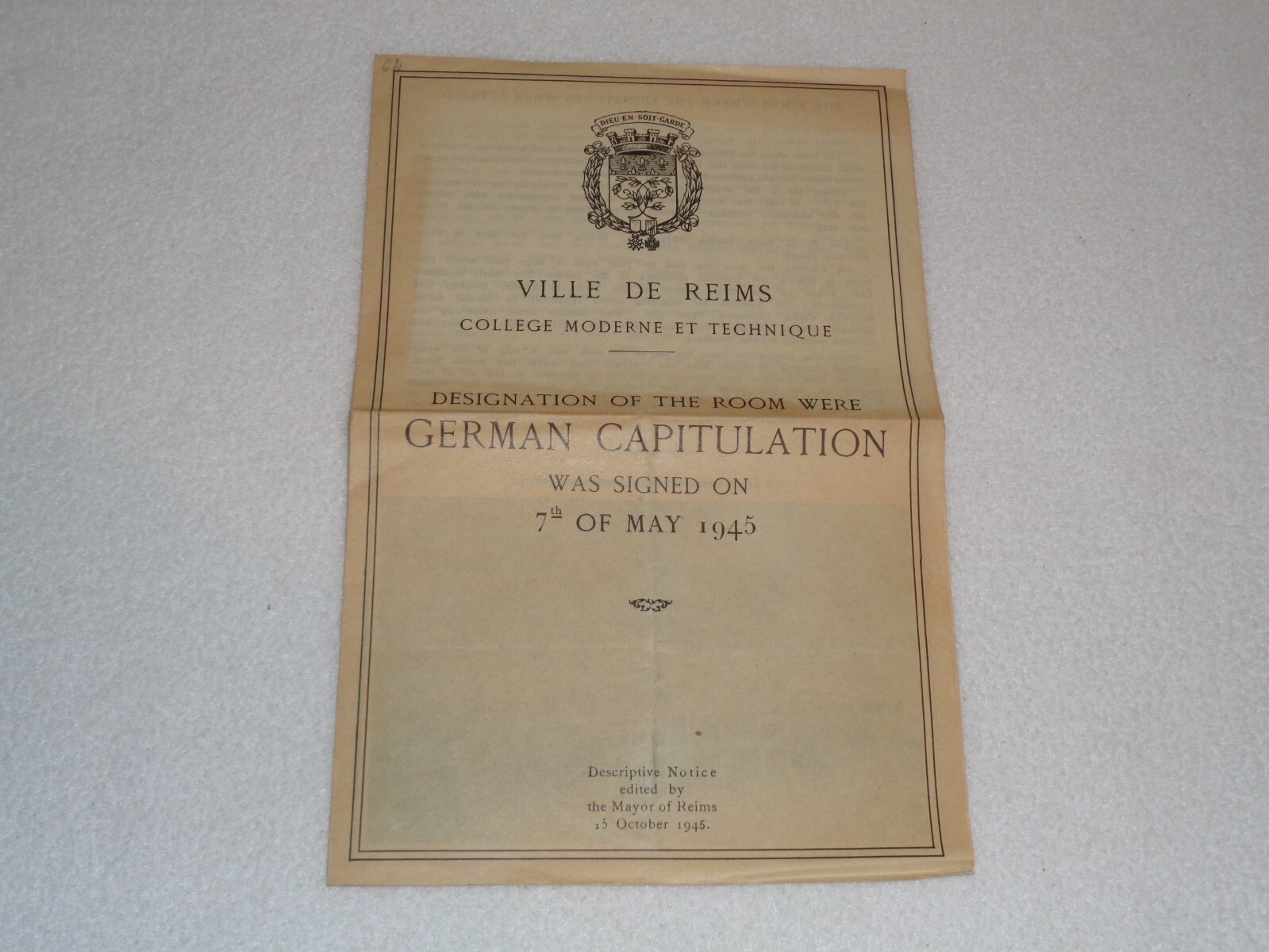 1945 Ville de Reims German Capitulation Designation of Room Rare WW2 ...