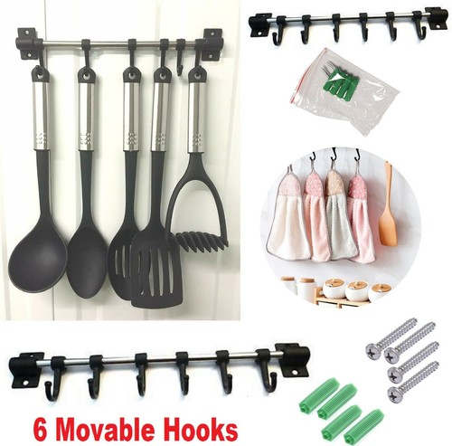 6 Hook Kitchen Utensil Tool Holder Movable Hooks Fixture Storage Wall ...