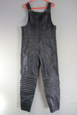 MQP BLACK LEATHER BIKER BIB & BRACE SALOPETTES WAIST 36 INCH/INSIDE LEG ...