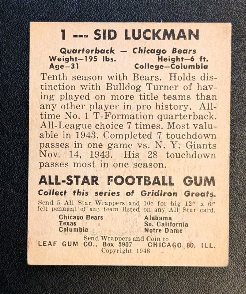 1948 Leaf #1 SID LUCKMAN Rookie RC -- VGEX, No Creases! -- HOF QB ...