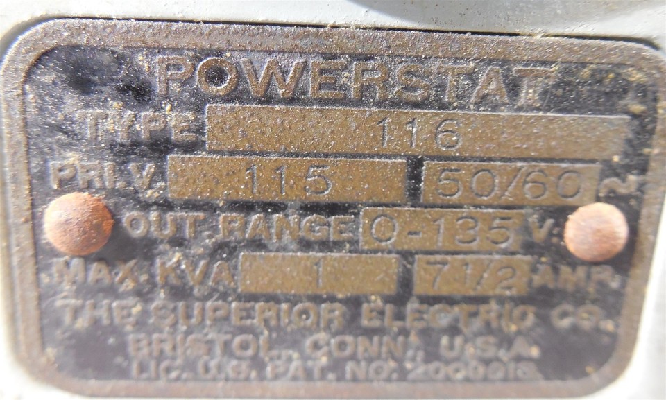 Superior Elect Powerstat Type 116 Variable Transformer 50/60 Outrange 0 ...