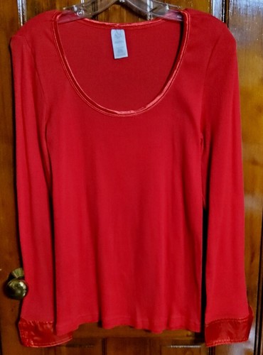 XL Red Shiny Red Silk Trim On Neck & Wrist. Long Sleeve Tee Top ...