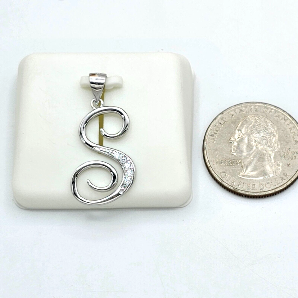 Solid 925 Sterling Silver CZ Initial Cursive Letter Pendant Chain ...