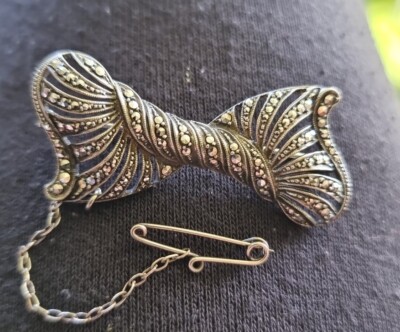 Antique Sterling Silver Marcasite Brooch Safety Chain Bow Large Germany ...