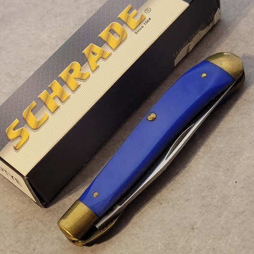 SCHRADE Knife Made In USA 194OT Trapper Liner Lock BLUE DELRIN BRASS ...