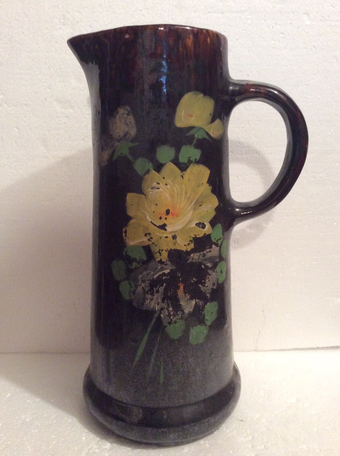 ANTIQUE: ROCKINGHAM GLAZE ON BENNINGTON STYLE PITCHER w/ PAINTED ...