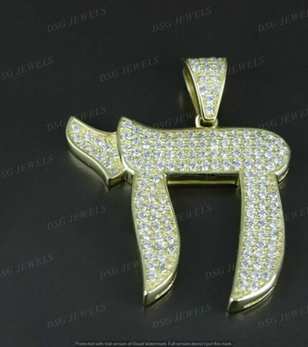 2 Ct Round Moissanite Jewish Life Chai Religious Pendant 14K Yellow ...