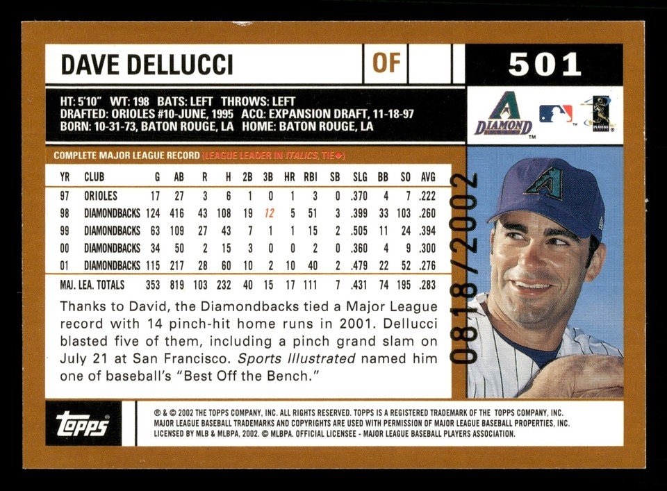 David Dellucci Arizona Diamondbacks 2002 Topps Gold #501 SN /2002 | eBay