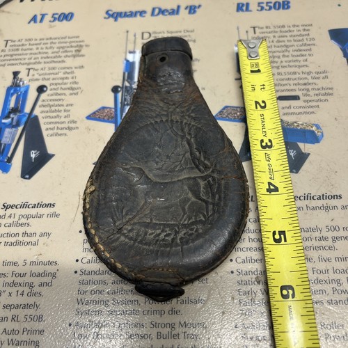 ANTIQUE POWDER FLASK POUCH LEATHER PART TLC REPAIR HUNTING DOG 2 SIDED ...
