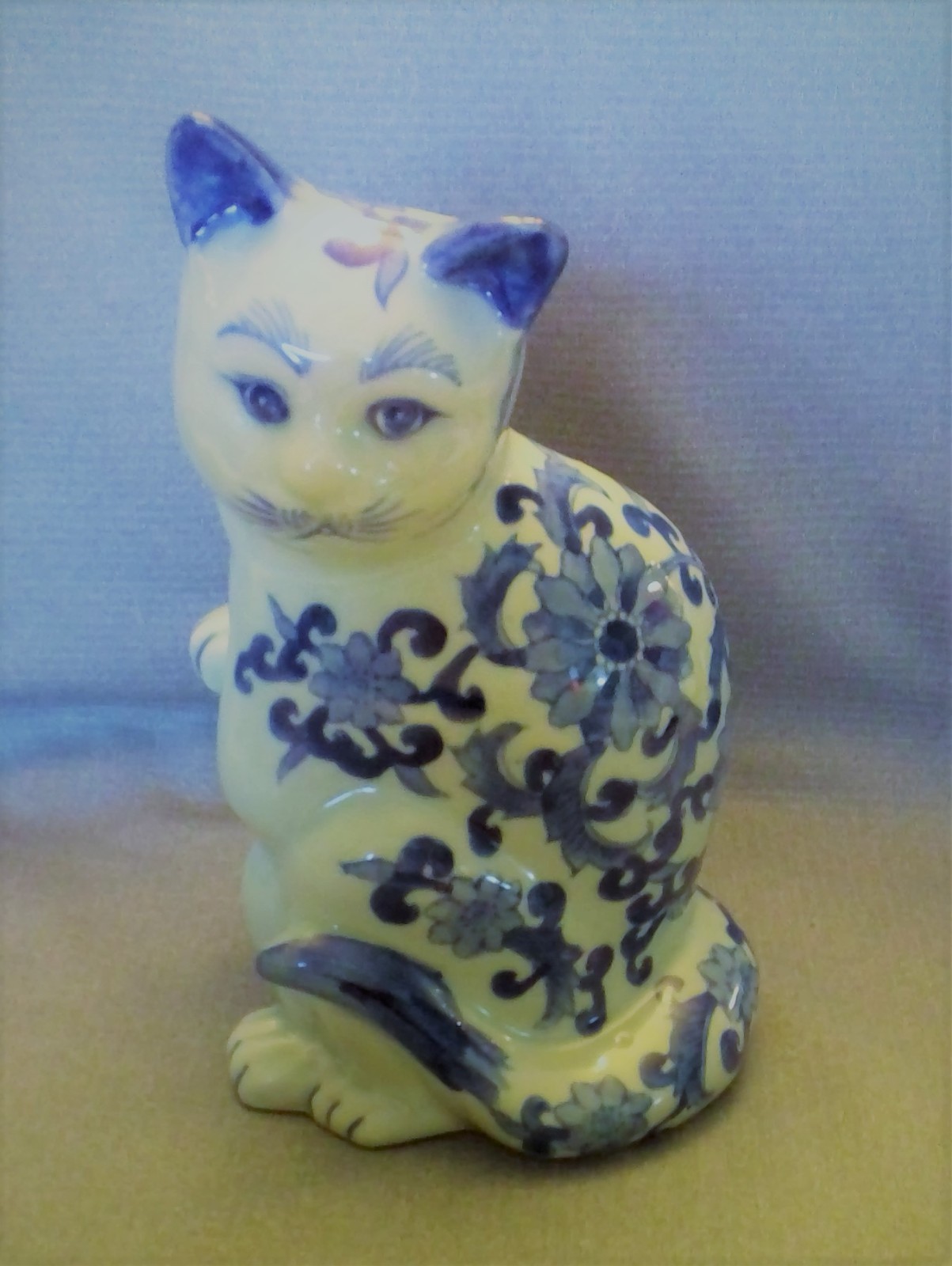 VTG Large Chinese Porcelain Cat Decor; 8"tall, Blue & White, Hand ...