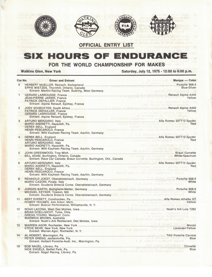 1975 Watkins Glen 6-Hours and Formula 5000 program with entry lists | eBay
