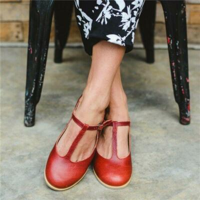 Womens T-Strap Pumps Flats Oxfords Round Toe T-Bar Work Brogue Shoes ...