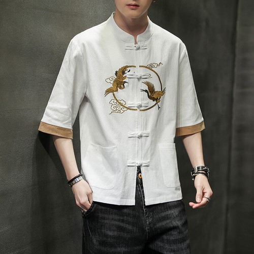 Chinese Men Top Shirt Coat Frog Button Embroidered Crane Tang Suit Tai ...
