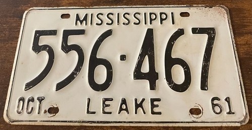 Vintage 1961 Mississippi License Plate 556-467 Leake County Carthage ...