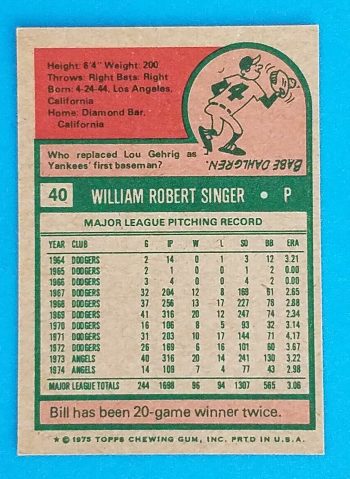 1975 TOPPS BASEBALL #40 BILL SINGER ANGELS EXMT+ | eBay