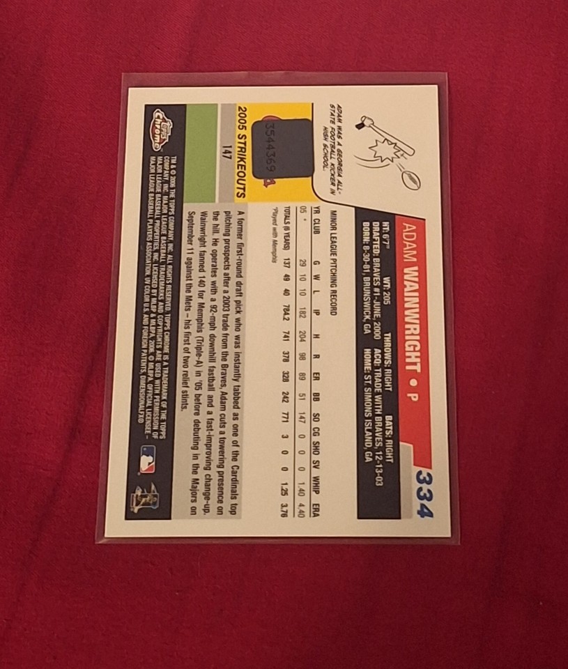 2006 Topps Chrome Adam Wainwright Autograph Rookie Auto RC #334 PSA 9 ...