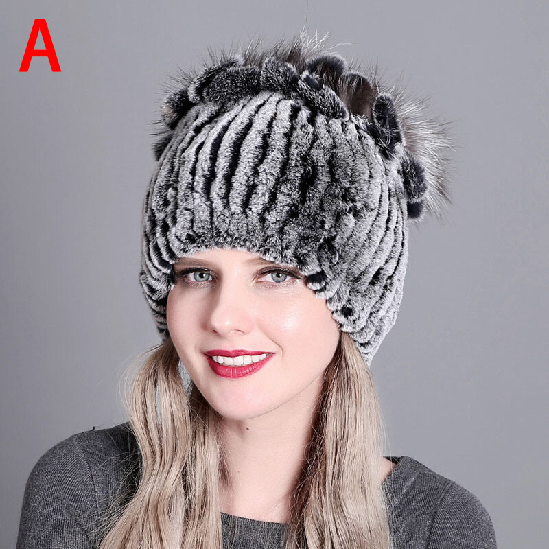 Women Winter Rex Rabbit Fur Hat Ladies Knitted Mink Fur Caps Beanie ...