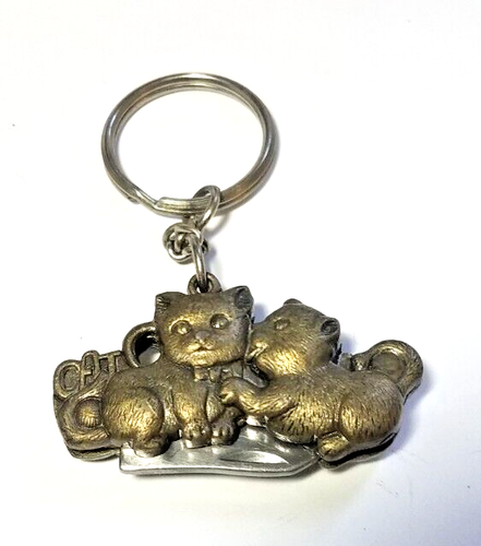 VINTAGE BRASS METAL CAT KITTENS KISSING POCKET KNIFE KEYCHAIN STAMPED ...