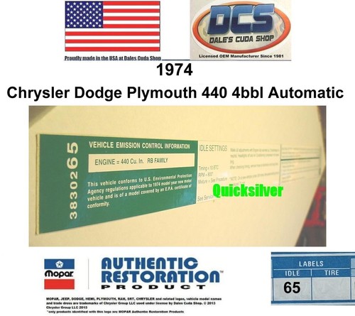 1974 Chrysler Dodge Plymouth 440 4bbl Automatic Emissions Decal 3830265 ...