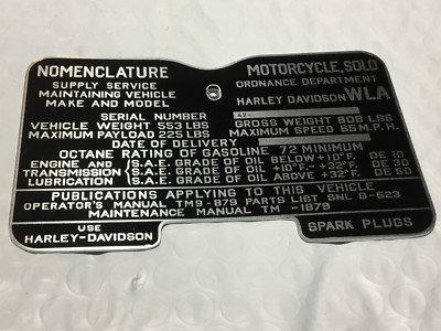 Harley WLA Military Data Plate Tank Nomenclature Tag 1944-45 OEM# 3531 ...