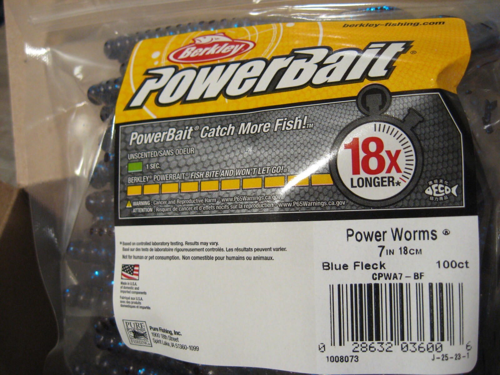 100 Berkley Soft Fishing PowerBait / 7" Power Worms / Blue Fleck CPWA7 ...