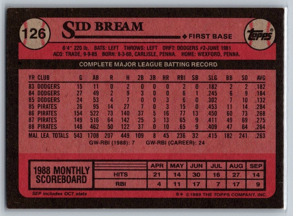 1989 Topps - #126 Sid Bream Pittsburgh Pirates MLB Baseball Card | eBay