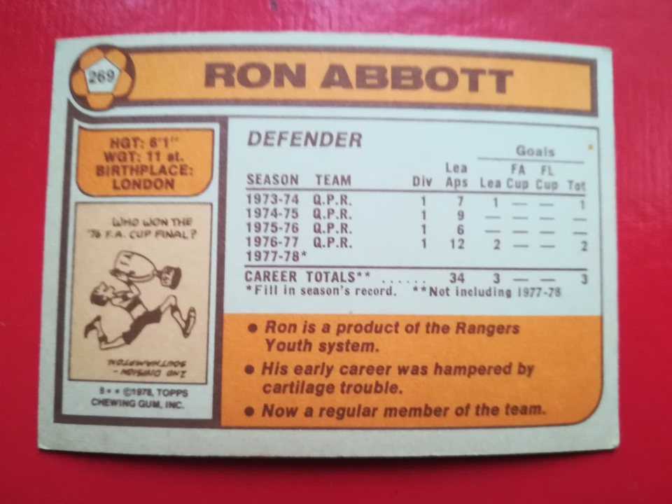 Topps Orange Back Football Cards 1978 #269 Ron Abbott - QPR | eBay