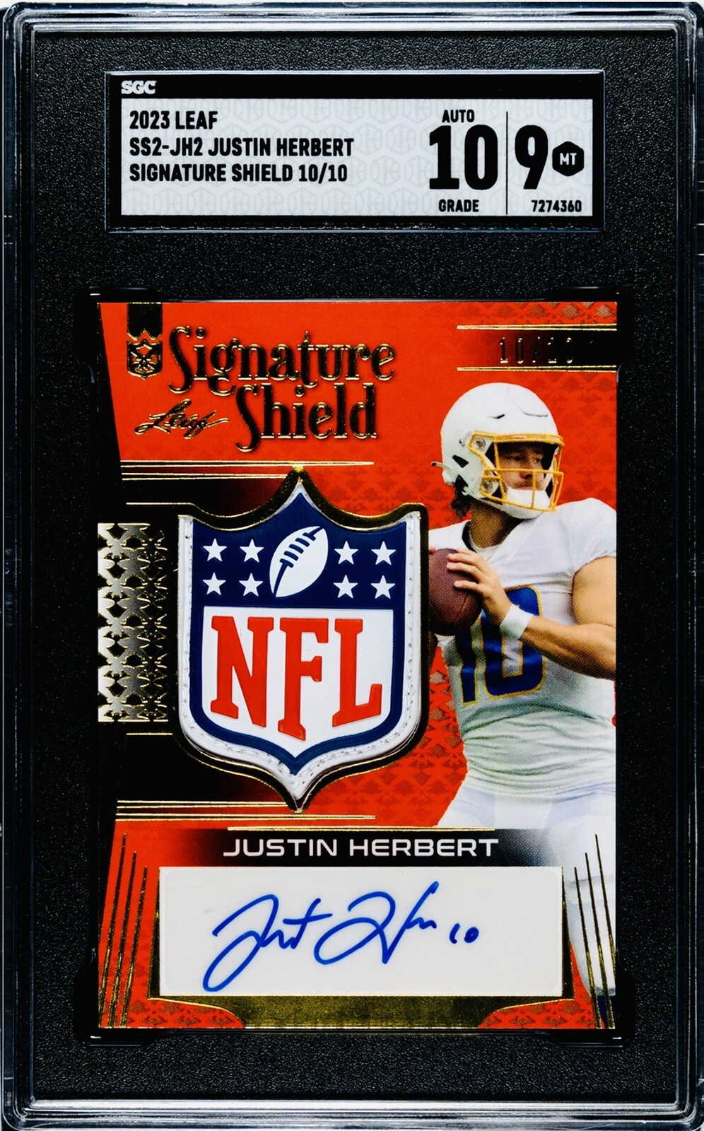 2023 Leaf GOLD NFL SHIELD LOGO JERSEY PATCH JUSTIN HERBERT AUTO 10/10 ...