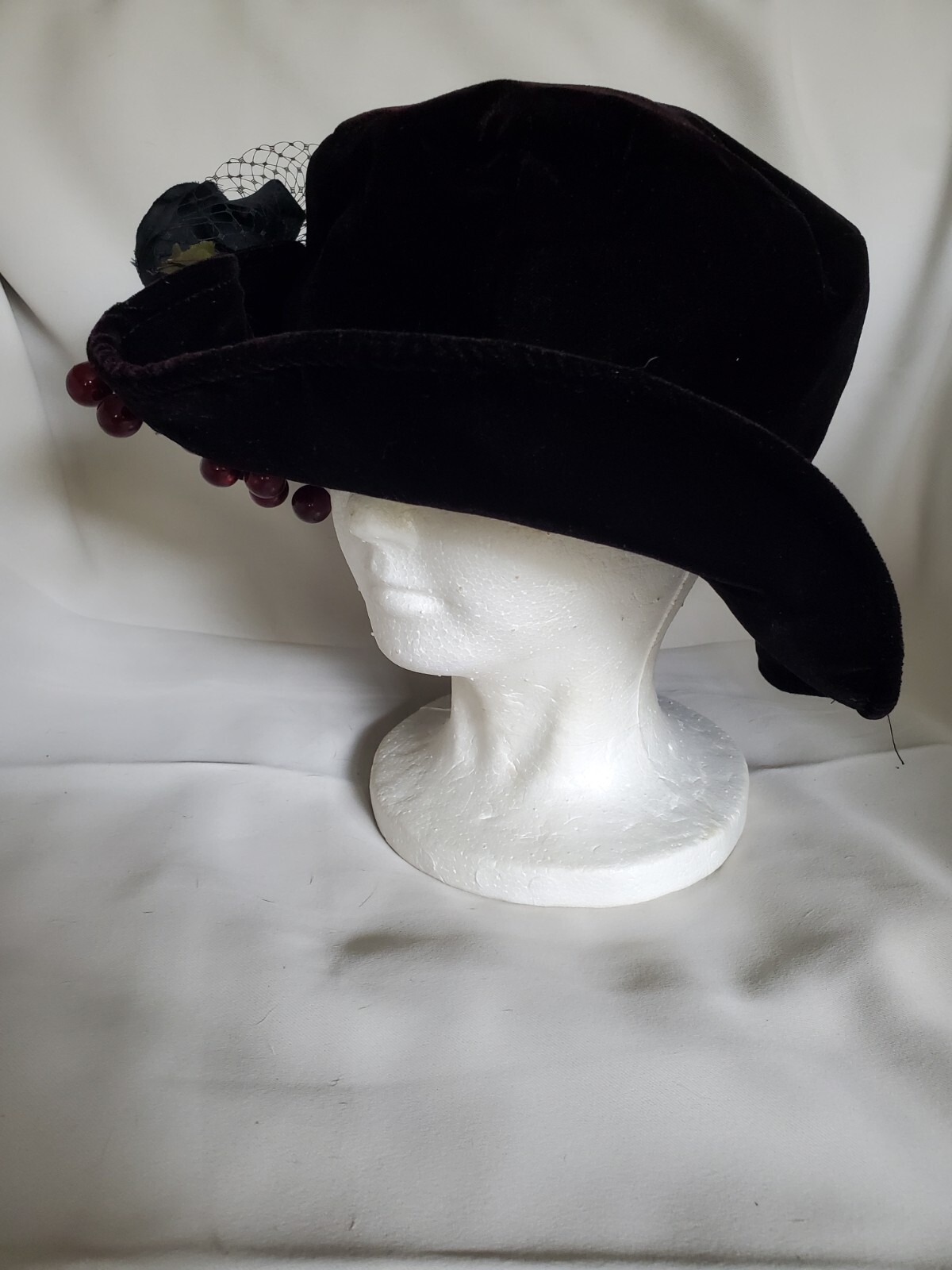 Vintage 1986 Black Velvet Floppy Hat With Rose & Grapes | eBay