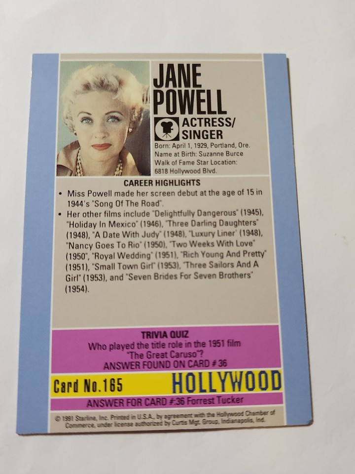 Jane Powell Hollywood Walk of Fame Card Vintage # 165 Starline 1991 NM ...