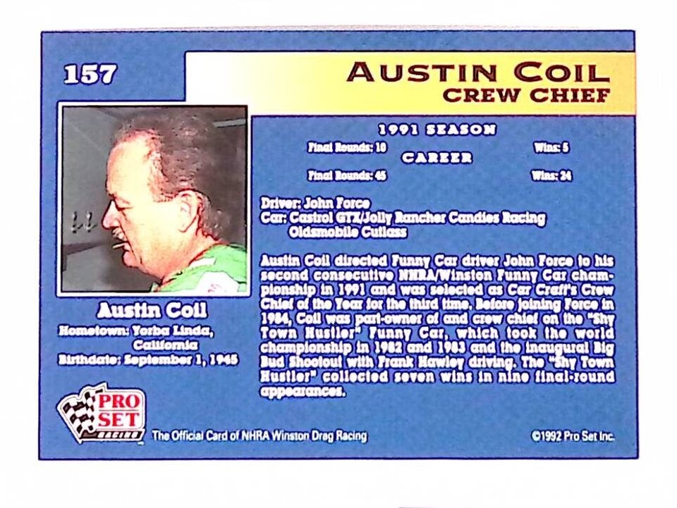 1992 Pro Set NHRA and Winston Drag Racing Card #157 Austin Coil | eBay