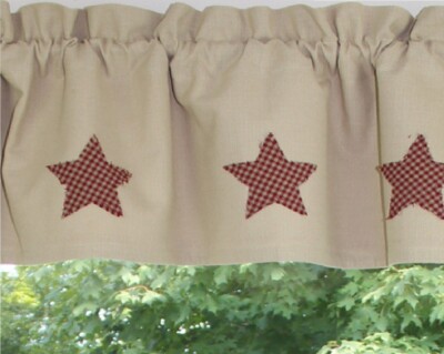 New Primitive GINGHAM HOMESPUN RED STAR VALANCE Topper Curtains | eBay