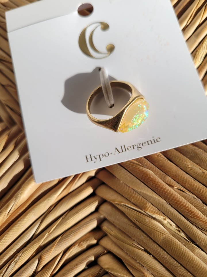 CHARMING CHARLIE Yellow Sun Iridescent Stone Gold Tone Ring Teardrop ...