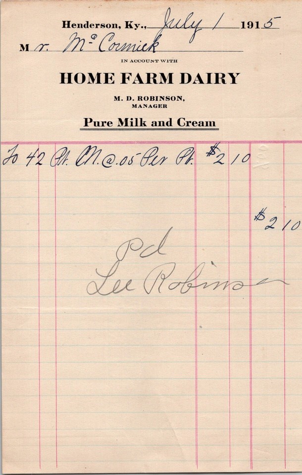 1915 Home Farm Dairy Pure Milk & Cream M D Robinson HENDERSON KY | eBay