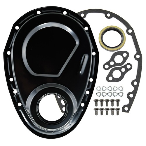 SB Chevy Small Block Black Steel Timing Cover Kit W/ Gaskets & Bolts ...