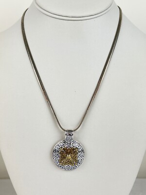 RMN Roman Silver & Gold Tone Ornate Round Disc Pendant 18" Serpentine ...