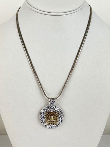 RMN Roman Silver & Gold Tone Ornate Round Disc Pendant 18" Serpentine ...
