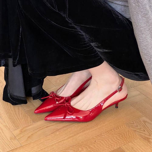Womens Bowknot Pointed Toe Slingback Sandals Mid Stiletto Heel Patent ...