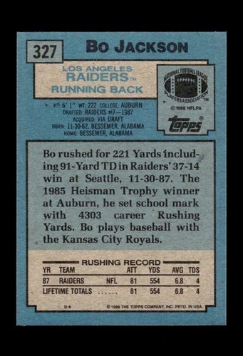 1988 Topps #327 Bo Jackson Gem Mint Super Rookie Card Raiders Sharp ...