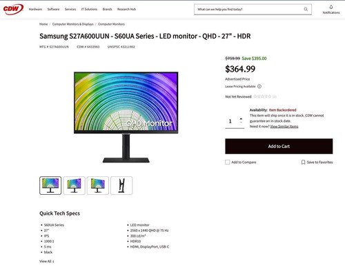 Samsung ViewFinity S60UA S27A600UUN 27” QHD IPS LED Monitor for sale ...