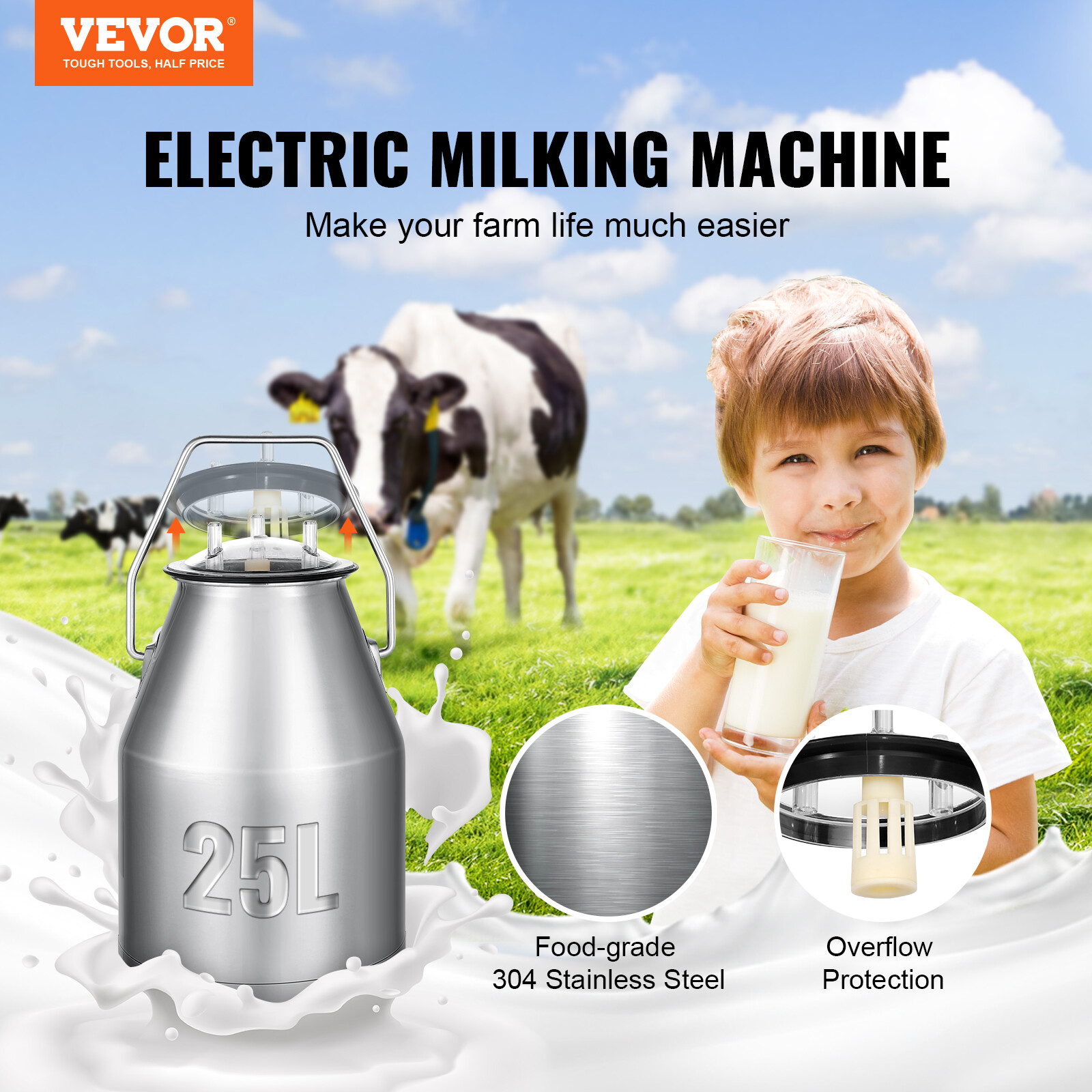 VEVOR Electric Cow Milking Machine Milking Equipment 25L 304 Stainless ...