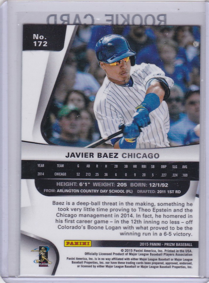 JAVIER BAEZ ROOKIE CARD 2015 Panini PRIZM RC CHICAGO CUBS Baseball Javy ...