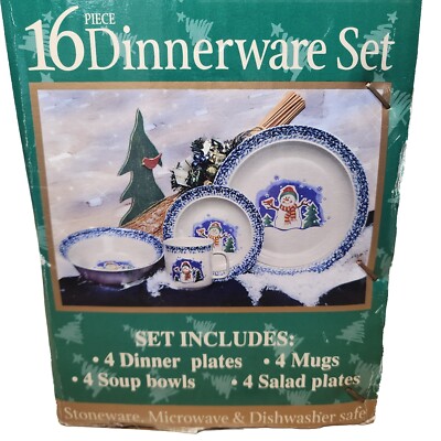 NOS 16pc SNOWMAN Dish Set Stoneware Christmas Holiday Dinnerware Plates ...