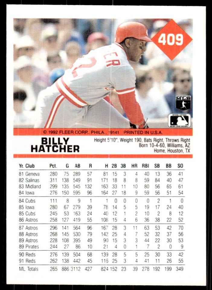1992 Fleer Baseball Card Billy Hatcher Cincinnati Reds #409 | eBay