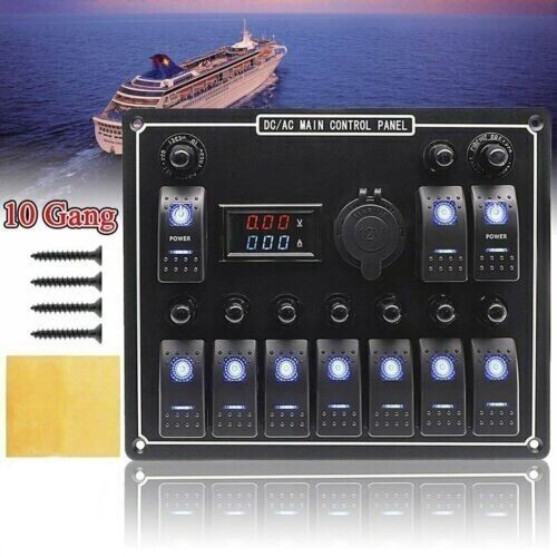 10 Gang Switch Panel Marine Boat 12V-24V LED Rocker Control Panel w ...