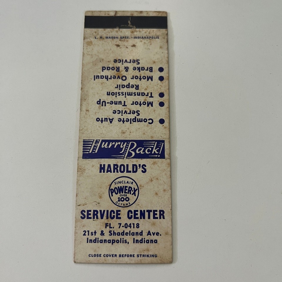 Harold's Service Center Indianapolis IN Vintage Matchbook Cover SMB1-6 ...
