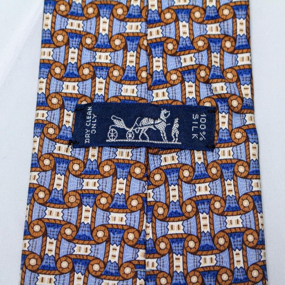 Hermes Silk Tie All Over Pattern Brown Blue Model 7696 OA Vintage ...