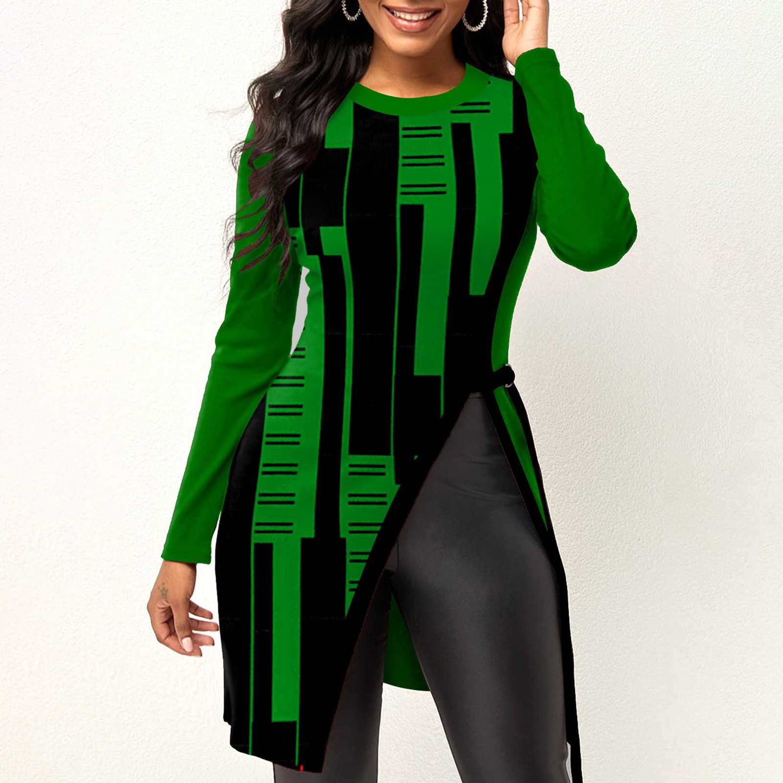 Round Neck Top Mid-length Blouse Geometric Print with Side Split Hem ...