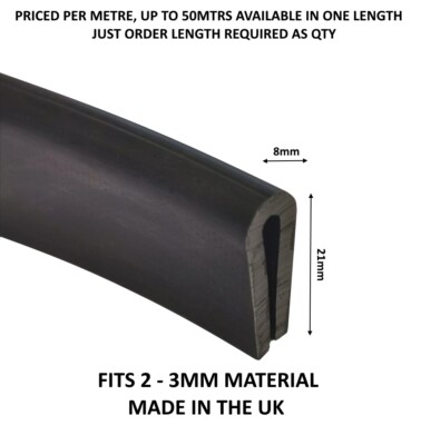 Large Rubber U Channel Edging Trim Seal 21mm x 8mm Fits 2mm-3mm "Made ...