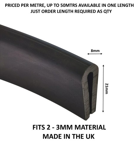 Large Rubber U Channel Edging Trim Seal 21mm x 8mm Fits 2mm-3mm "Made ...